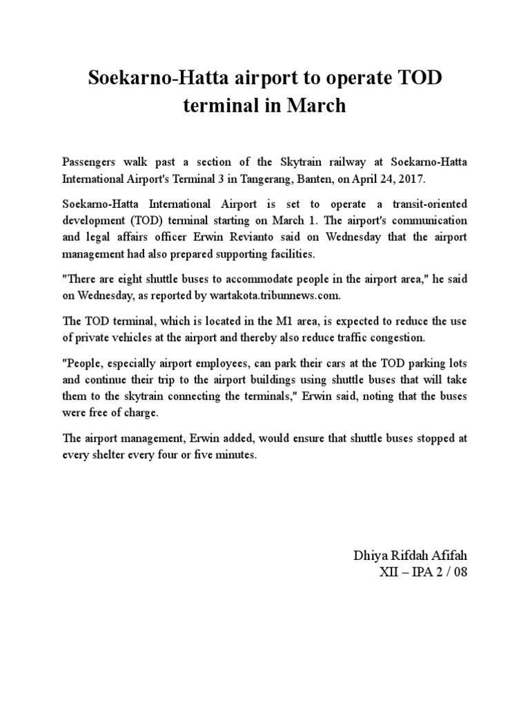 Soekarno-Hatta Airport To Operate TOD Terminal in March: Dhiya Rifdah ...