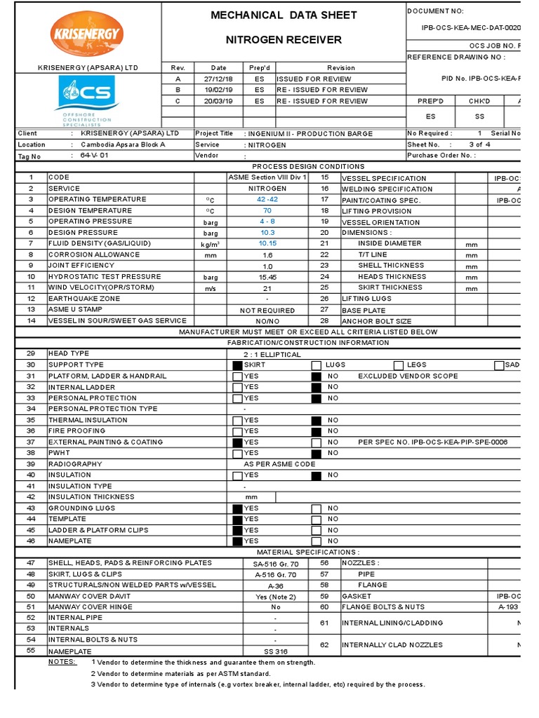 Mechanical Data Sheet For Nitrogen Receiver | PDF | Screw | Mechanical ...
