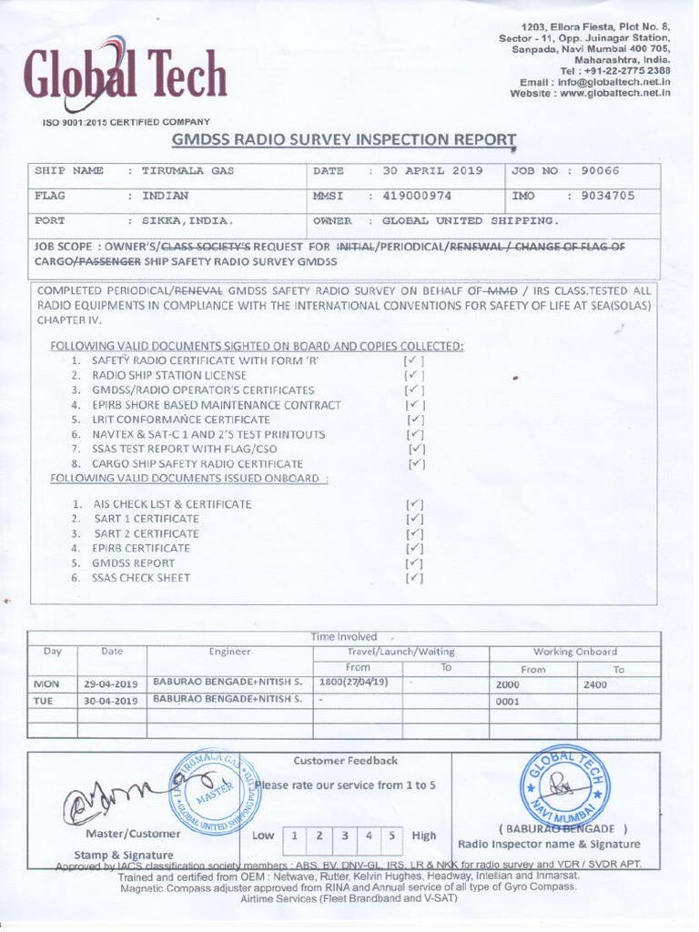 GMDSS Radio Survey Inspection Report PDF | PDF