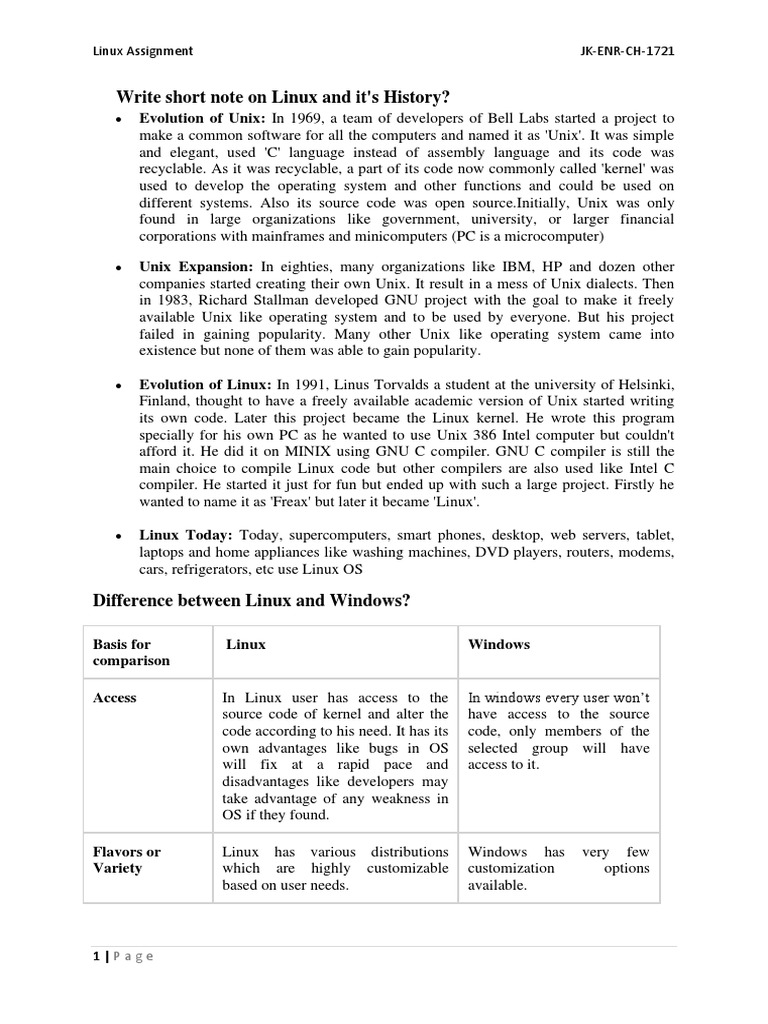 Write Short Note On Linux and It's History?: Linux Assignment JK-ENR-CH ... Write Short Note On Linux and It's History?: Linux Assignment JK-ENR-CH ...