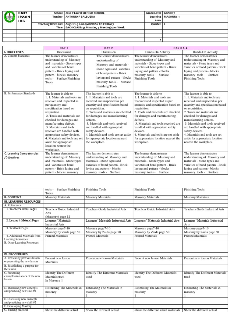 Grade 7 Masonry Lesson Plan | PDF | Masonry | Behavior Modification