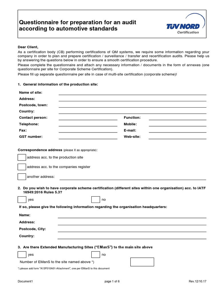 Questionnaire IATF 16949-2016 | PDF | Audit | Business
