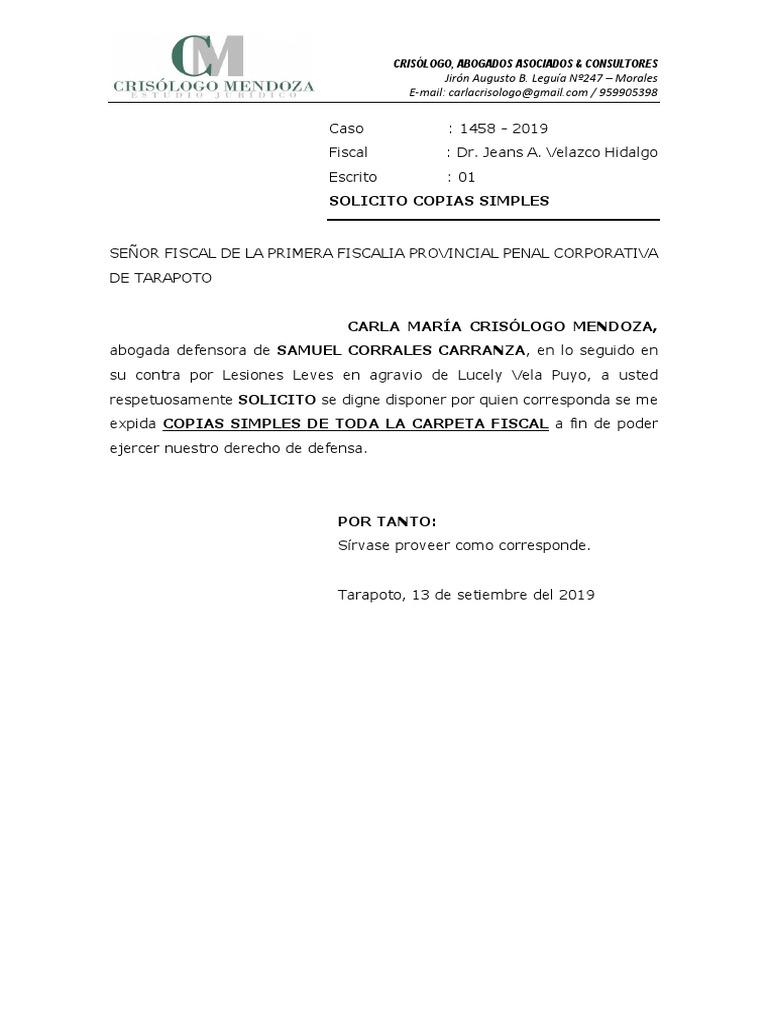 Escrito Solicitando Copias Simples Samuel | PDF | Poder judicial ...