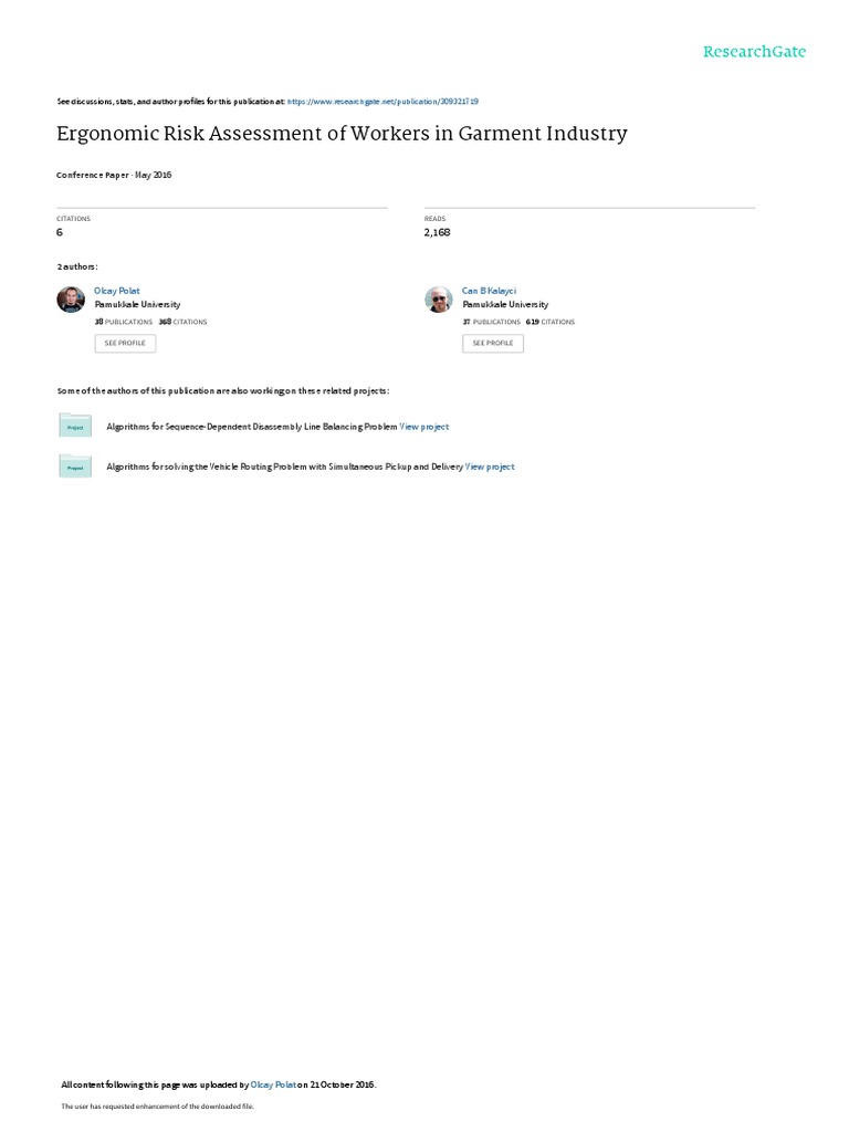 Ergonomic Risk Assessment of Workers in Garment Industry | PDF | Human ...