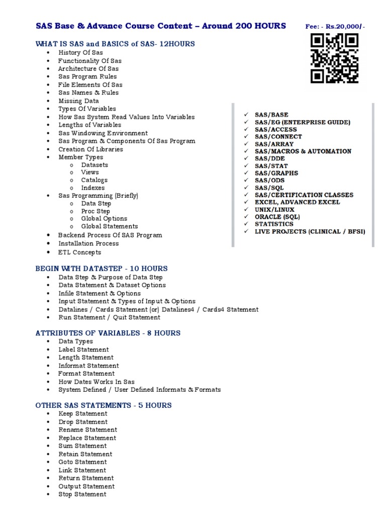 Sas Course Content at Stansys | PDF | Sas (Software) | Array Data Structure
