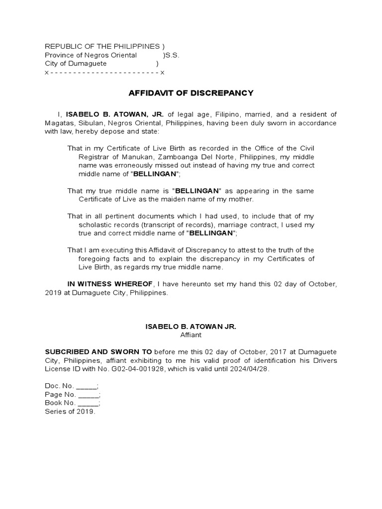 Affidavit of Discrepancy in Middle Name | PDF | Social Science | Law