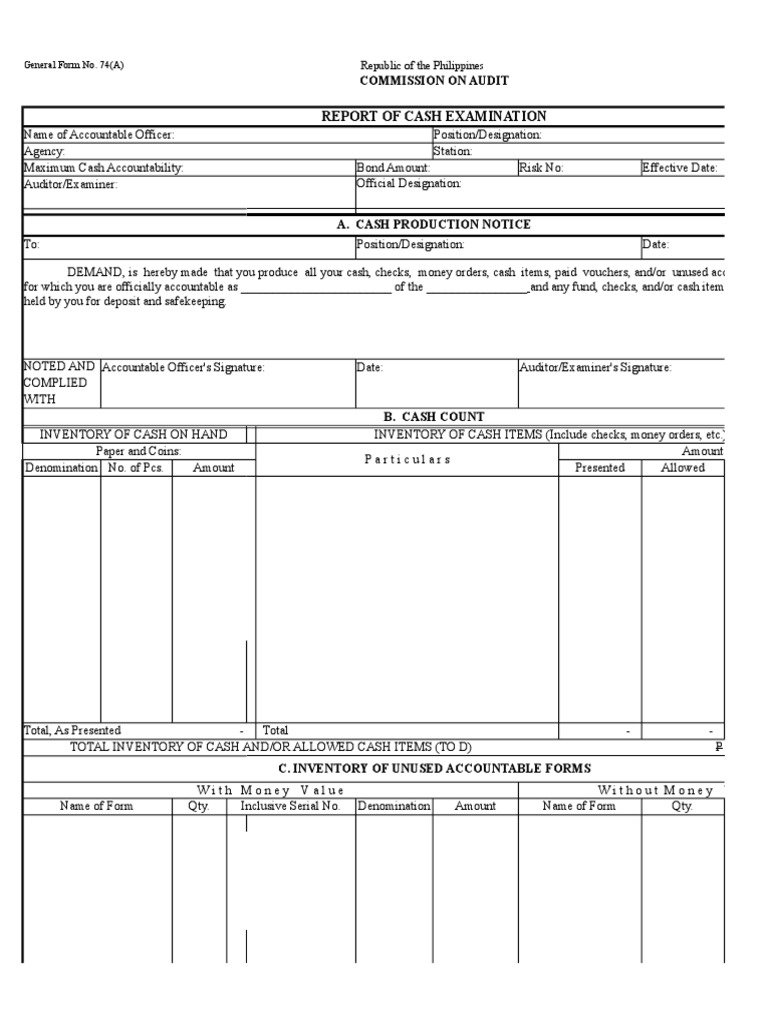 Report of Cash Examination: Commission On Audit | PDF | Debits And ...