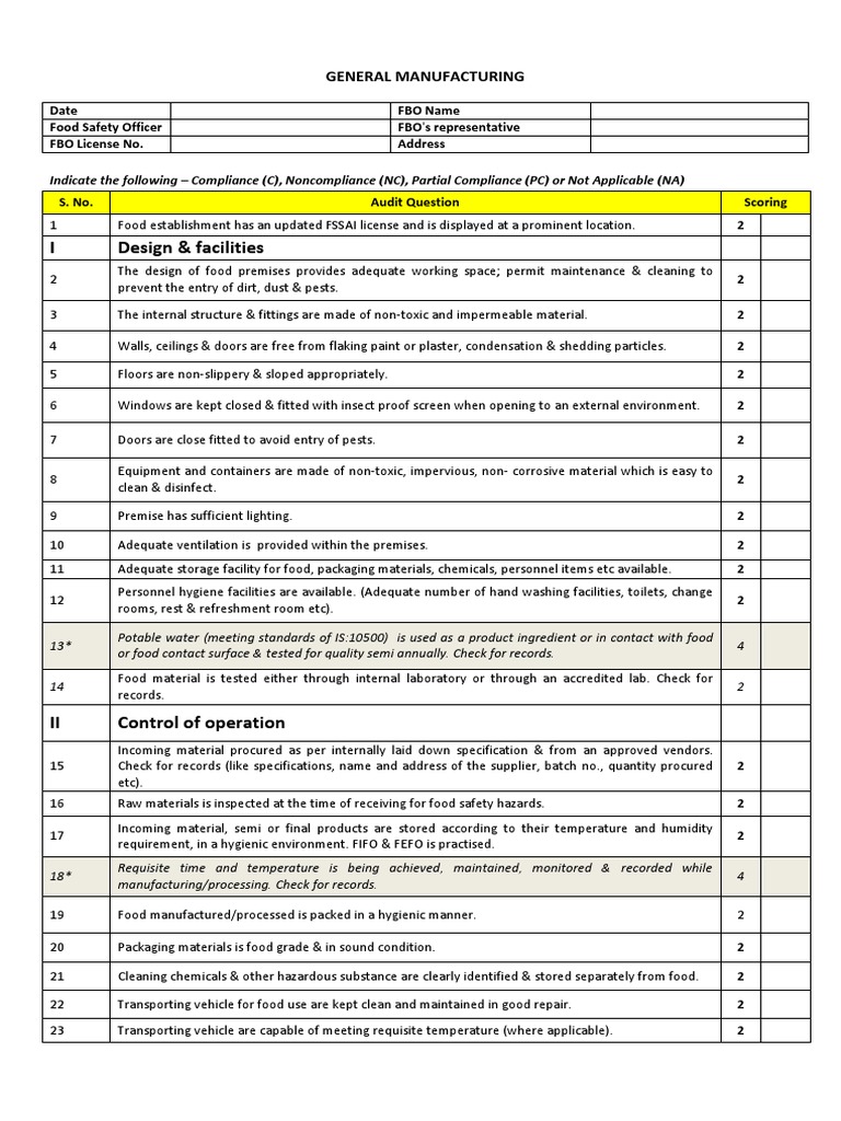 FSSAI Checklist - General Manufacturing | PDF | Hygiene | Food Safety