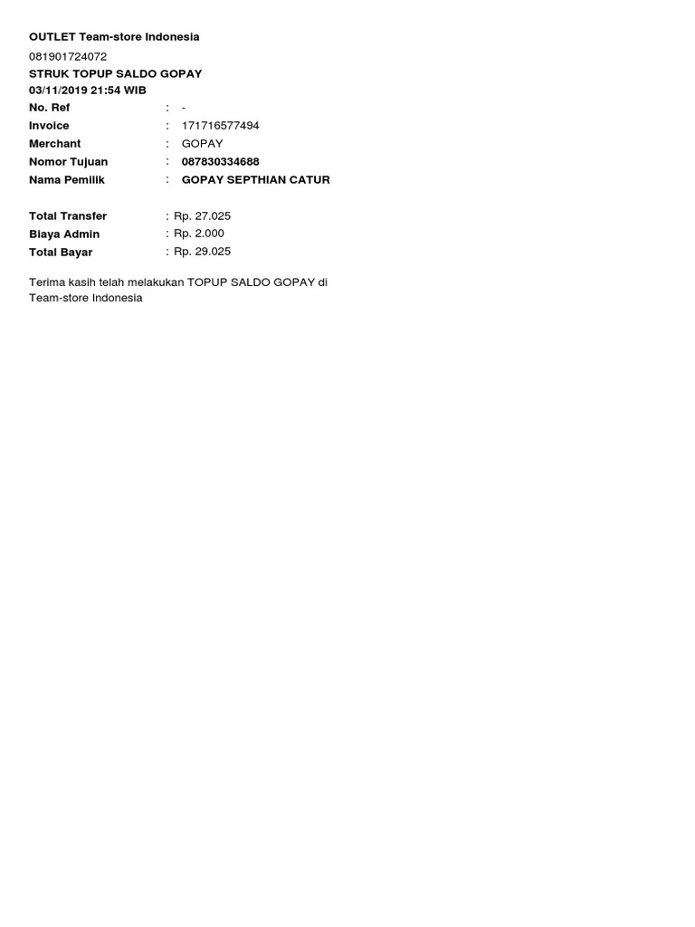 Struk Topup GoPay di Team-store | PDF
