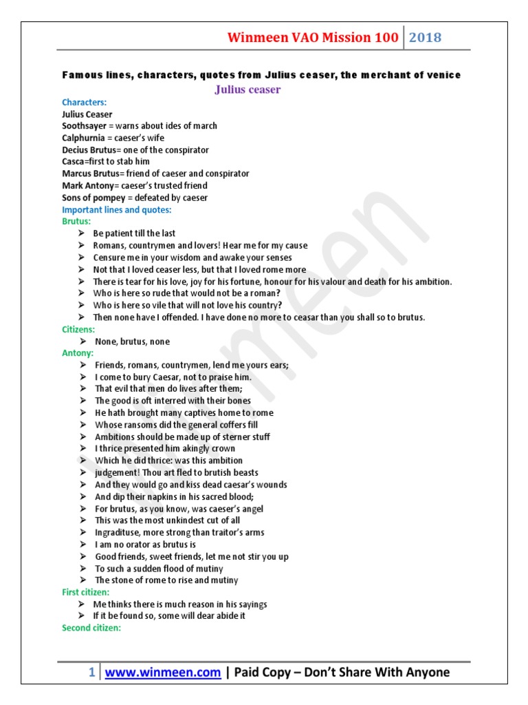 Famous Lines Characters Quotes From Julius Ceaser The Merchant of ...