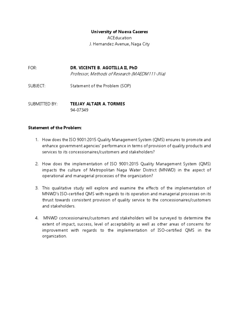 Statement of The Problem (SOP) | PDF