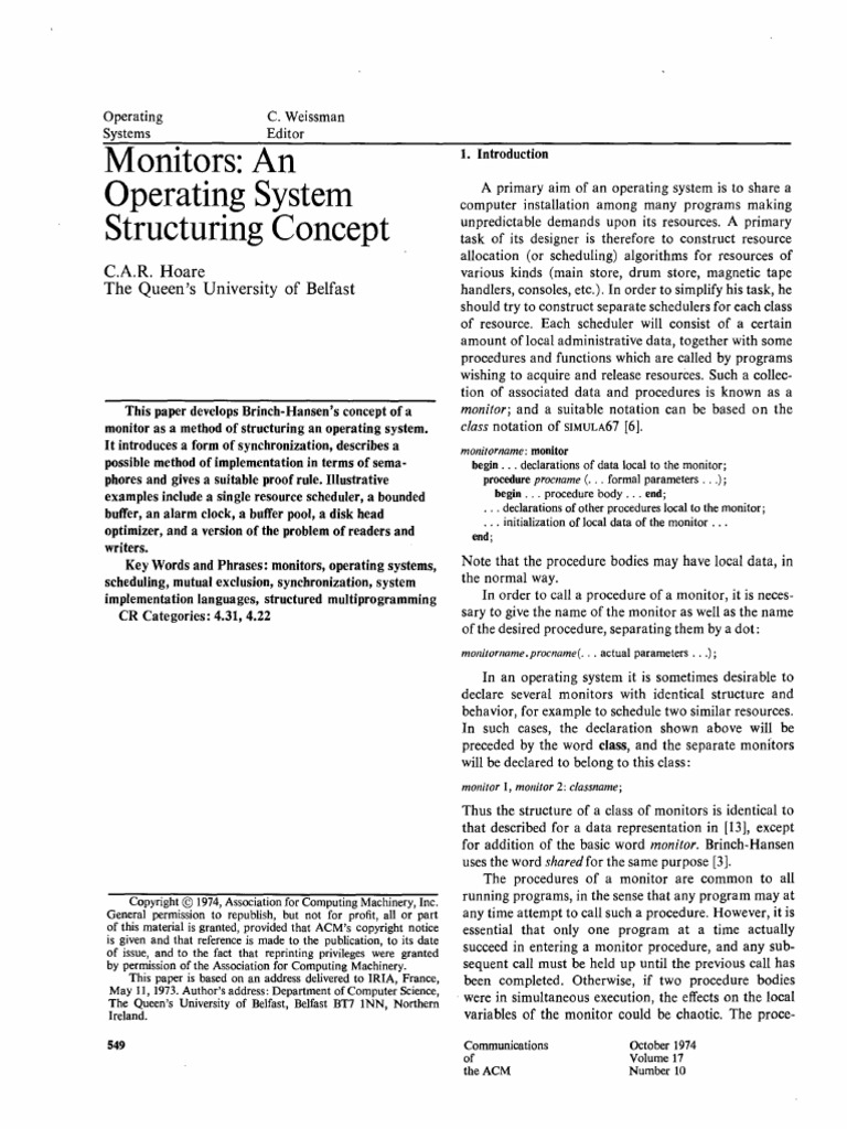 Monitors: An Operating System Structuring Concept: C.A.R. Hoare The ...