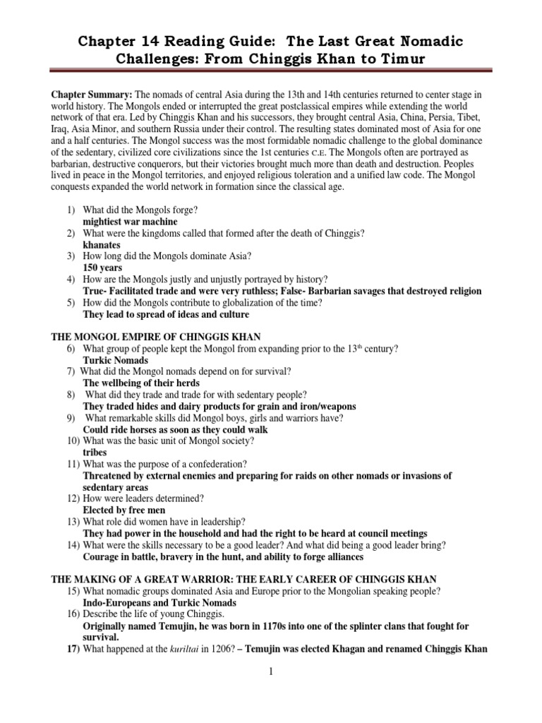 My Chap. 14 Reading Guide | PDF | Genghis Khan | Mongols
