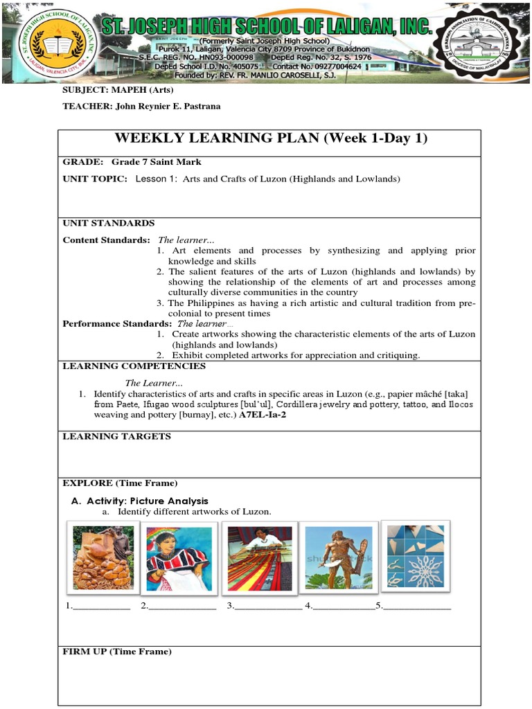Weekly Learning Plan (Week 1-Day 1) : GRADE: Grade 7 Saint Mark Unit ...