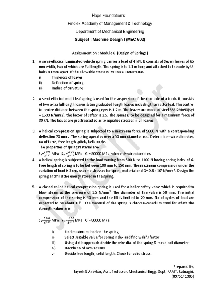 Assignment On Spring Design | PDF | Helix | Stress (Mechanics)