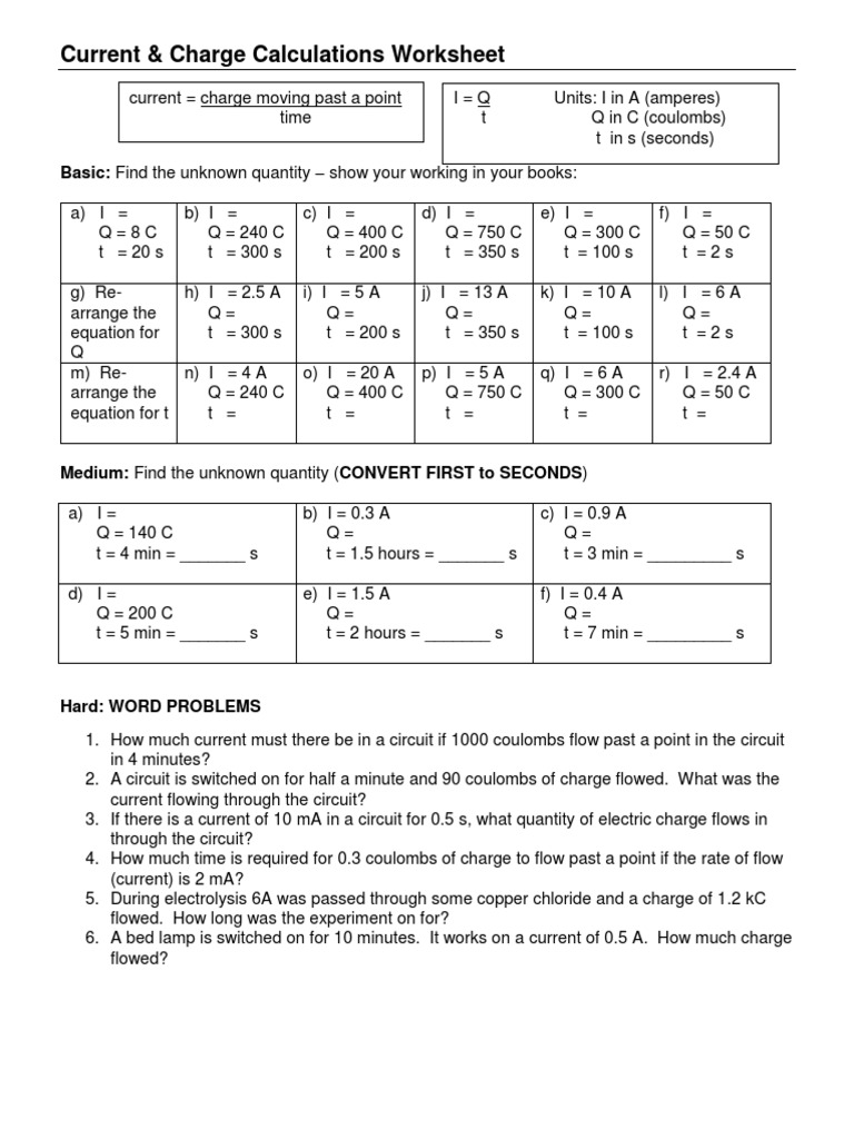 Current Worksheet | PDF | Electric Charge | Mechanics