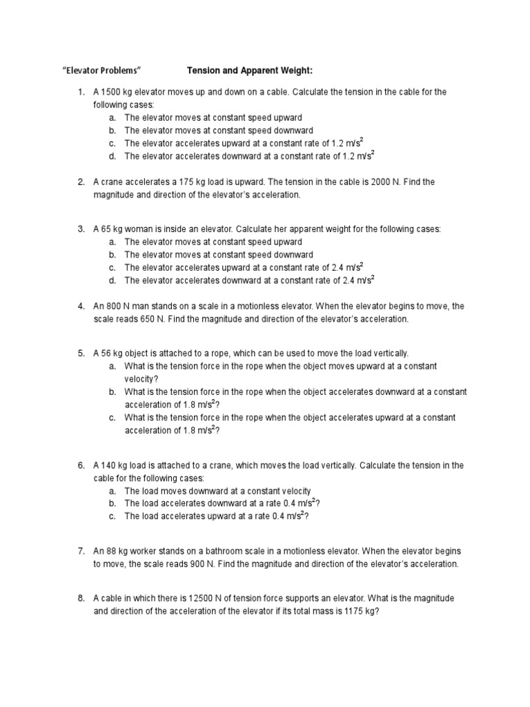 Elevator Problems | PDF | Tension (Physics) | Acceleration