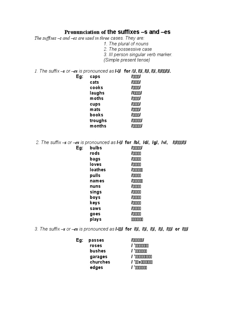 Pronunciation Guide for Suffixes -s and -es | PDF