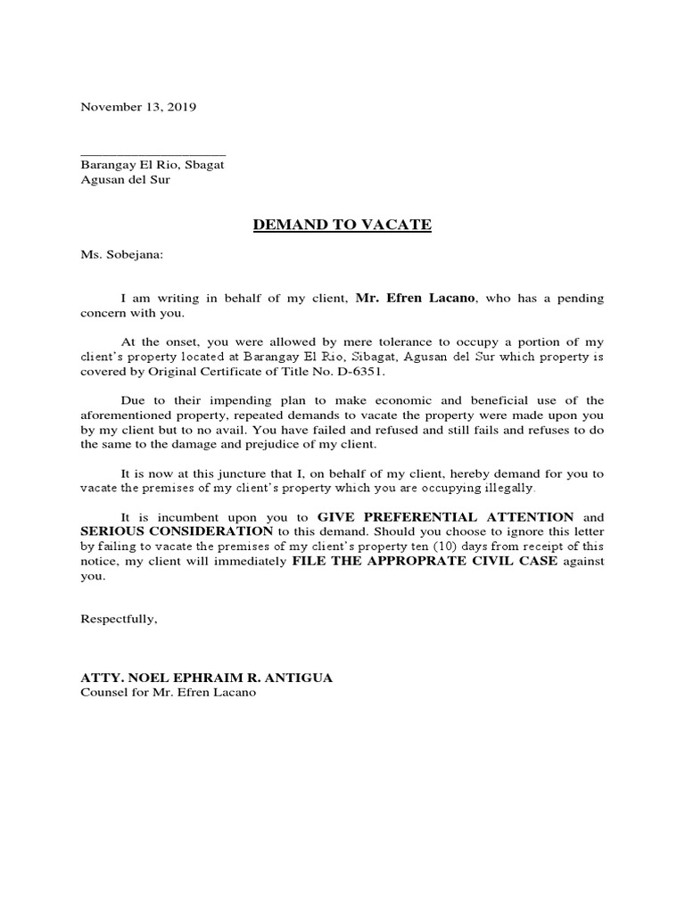 Demand to Vacate Notice in Agusan del Sur | PDF