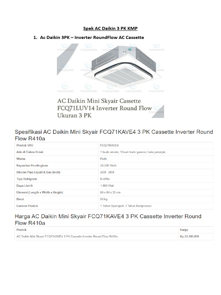 Spek Ac Daikin 3 PK KMP 1. Ac Daikin 3Pk - Inverter Roundflow Ac Cassette | PDF | Home & Garden ...