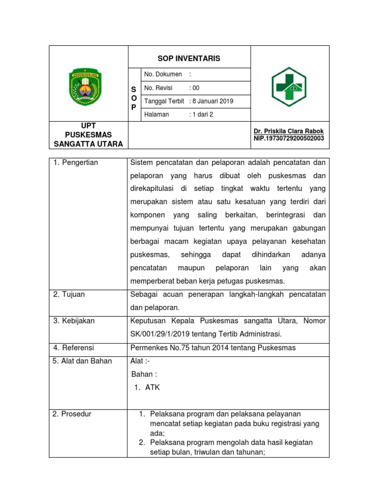 Sop Pencatatan Dan Pelaporan Puskesmas | PDF
