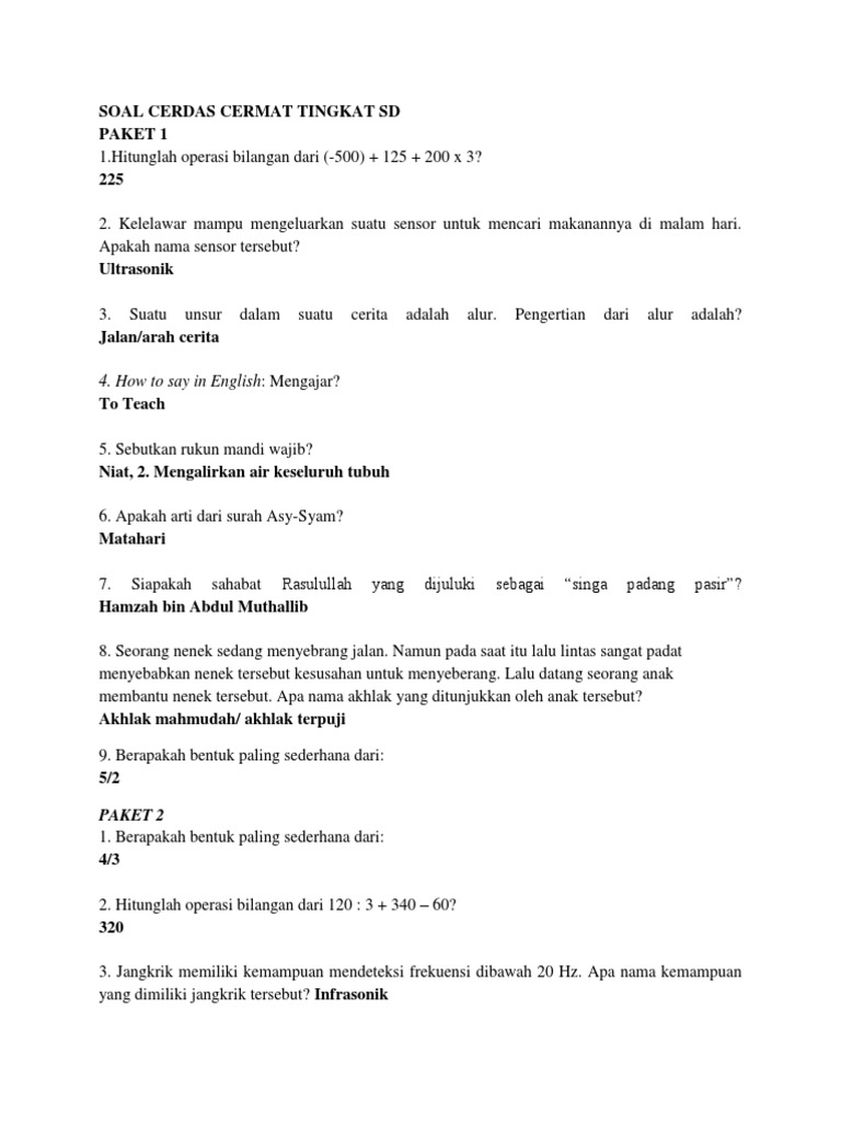 Soal Cerdas Cermat Tingkat SD | PDF
