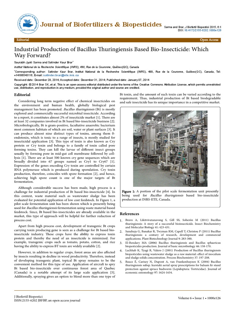Industrial Production of Bacillus Thuringiensis Based Bioinsecticide Whichway Forward 2155 6202 ...