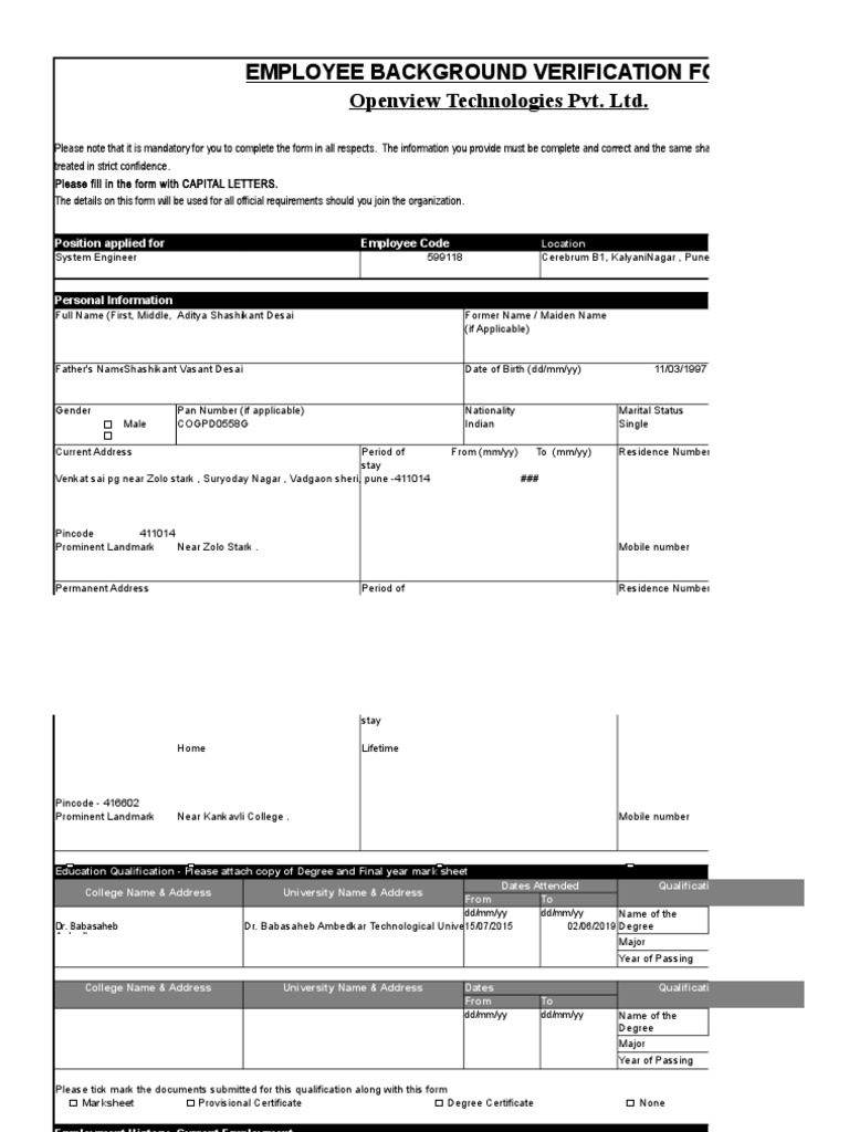A-Check-Sample BGV - Updated Form - Openview Technologies | PDF | Employment | Government ...