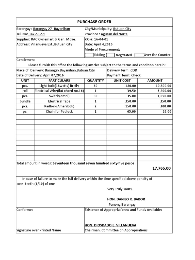 Purchase Order: Unit Particulars Quantity Unit Cost Amount | PDF ...