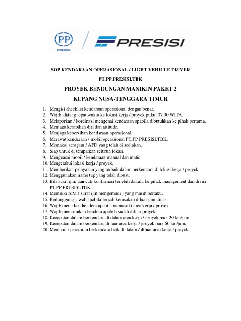 SOP Kendaraan Operasional | PDF