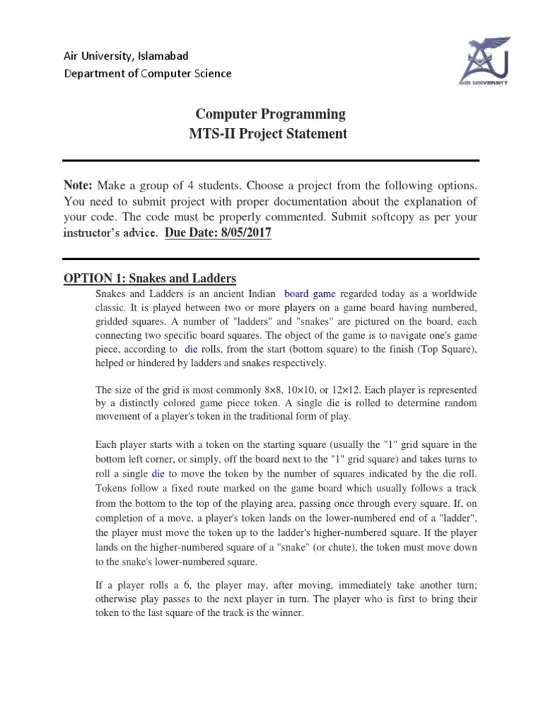 Computer Programming MTS-II Project Statement: Air University ...