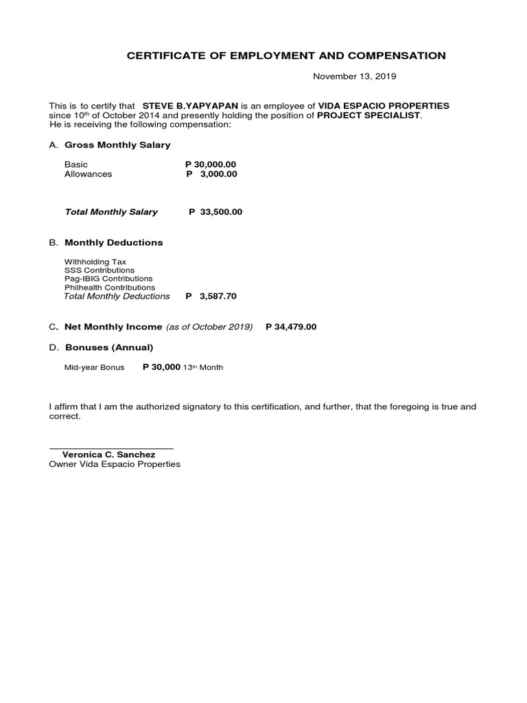 Certificate of Employment and Compensation: A. Gross Monthly Salary | PDF