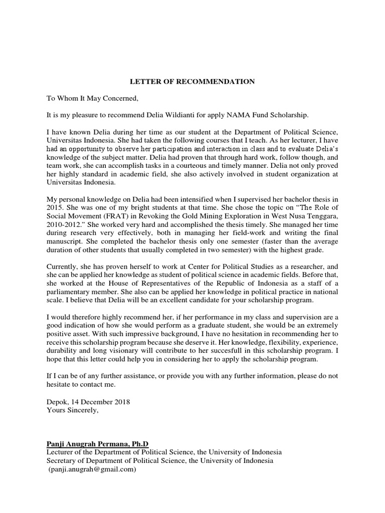 Recommendation Letter | PDF | Thesis | Bachelor's Degree