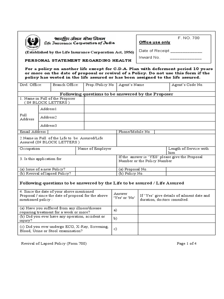 LIC Revival Form 700 Instructions | PDF | Life Insurance | Business Law
