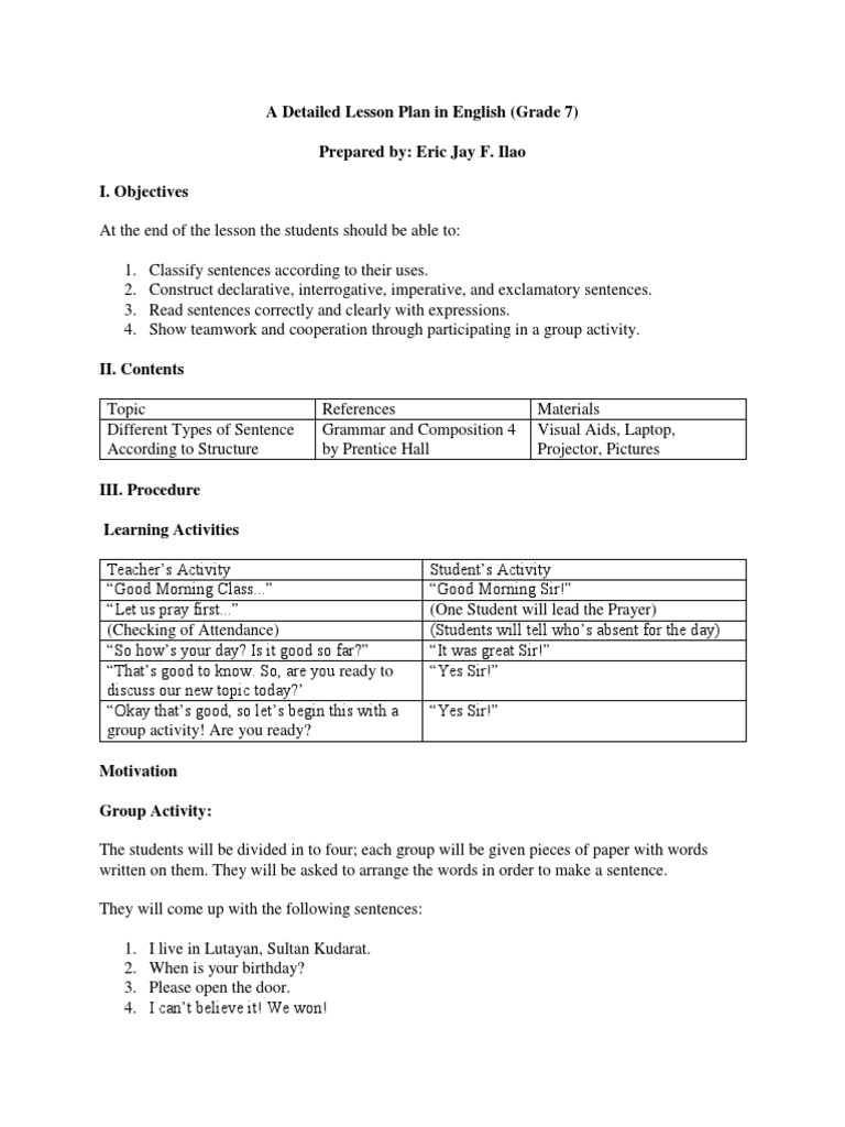 A Detailed Lesson Plan in English (Grade 7) Prepared By: Eric Jay F ...