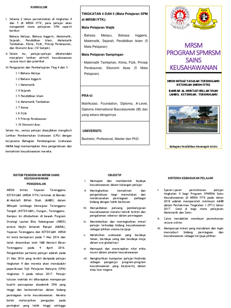 Pamplet Program Sains Keusahawanan MRSM IYTK | PDF