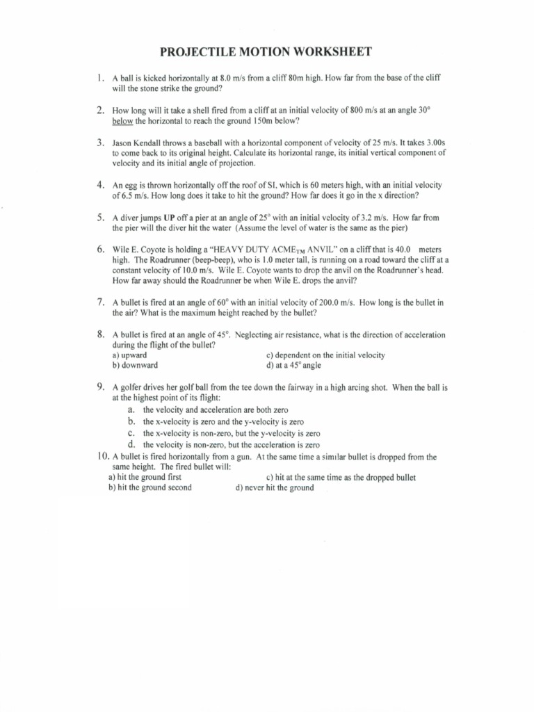 Projectile Motion Worksheet | PDF