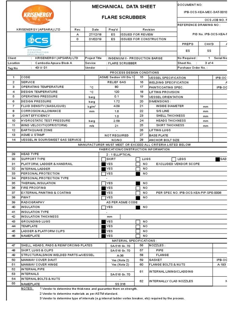 IPB-OCS-KEA-MEC-DAT-0010 Rev0 Mechanical Data Sheet For Flare Scrubber | PDF | Pipe (Fluid ...