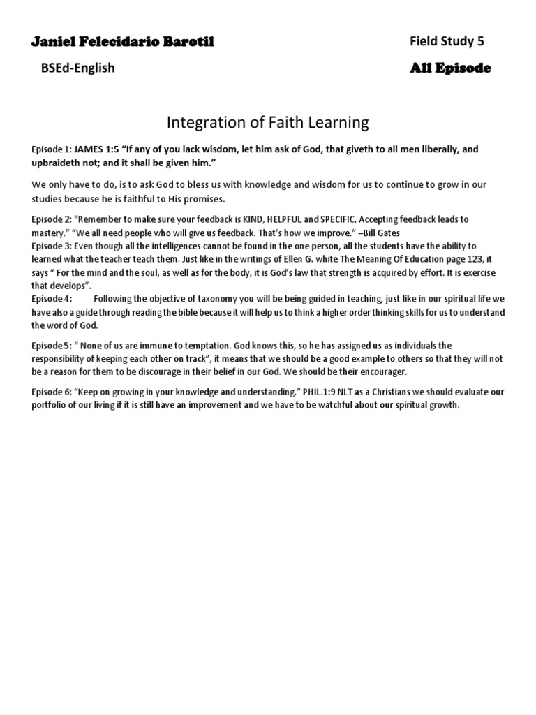 Integration of Faith Learning: Field Study 5 Bsed-English | PDF