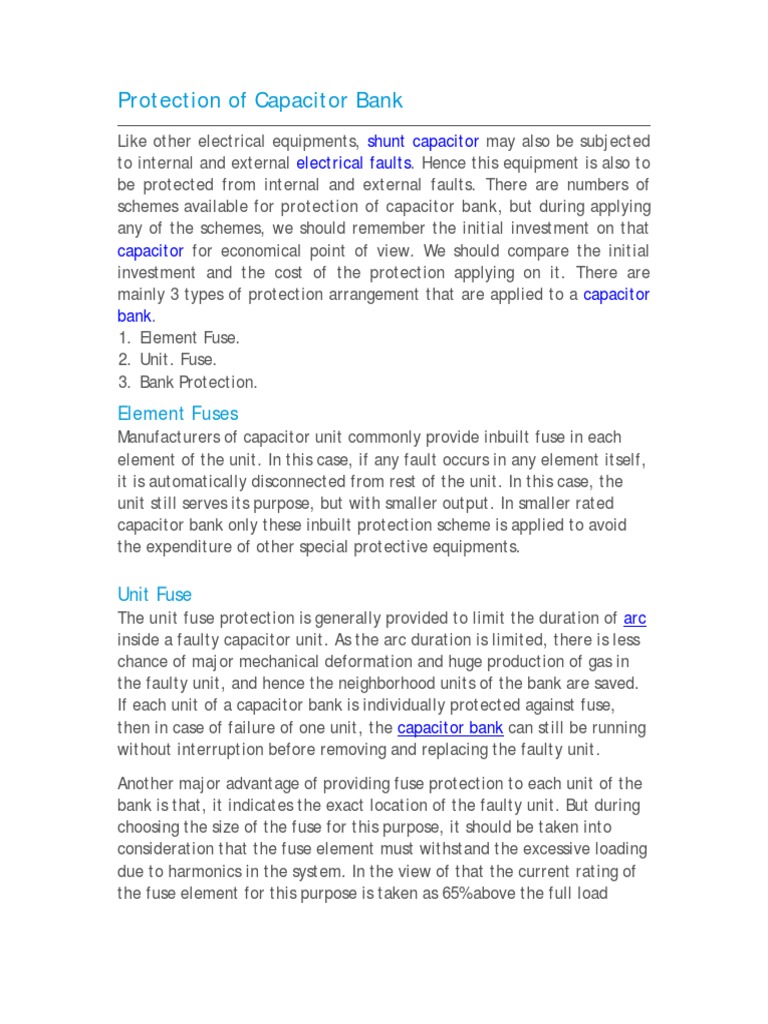 Protection of Capacitor Bank | PDF | Capacitor | Fuse (Electrical)