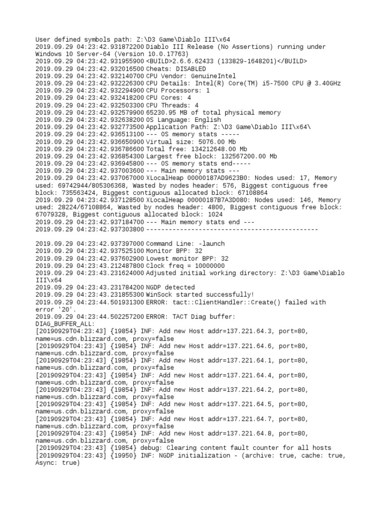 Log file documenting startup process and error messages for Diablo III game | PDF | Computer ...