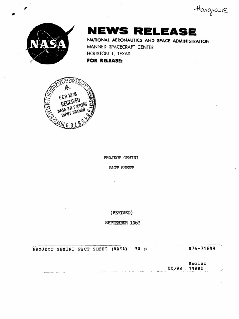 Gemini Fact Sheet | PDF | Project Gemini | Space Rendezvous