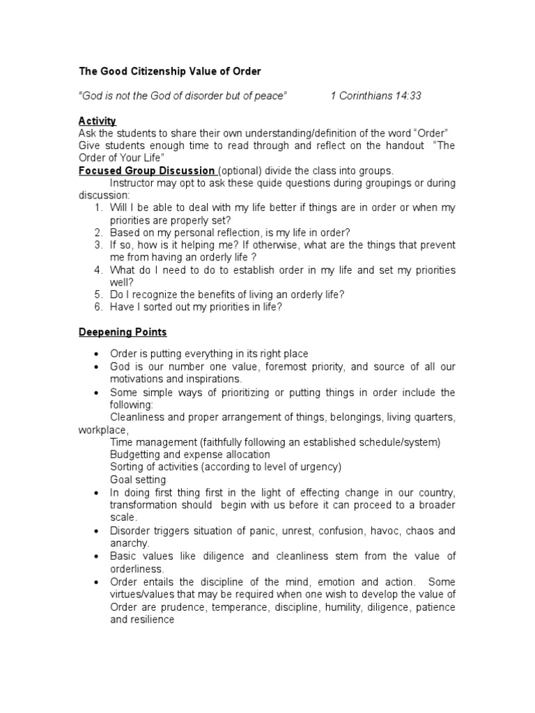 The Value of Order in Good Citizenship | PDF | Cognition | Psychology