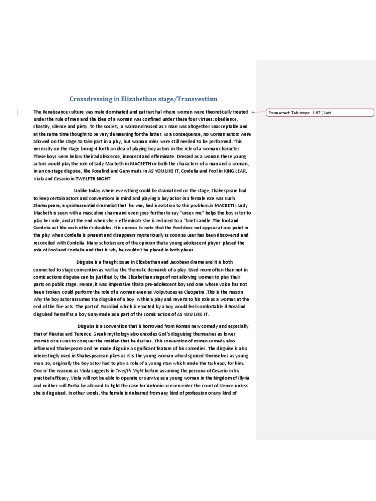 Crossdressing in Elizabethan Stage/transvestism: Formatted: Tab Stops ...