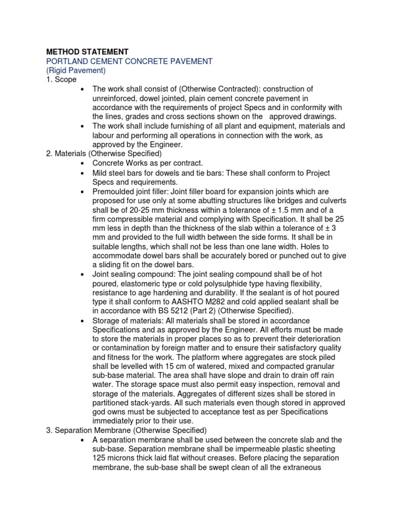 PCCP Method Statement | PDF | Road Surface | Concrete