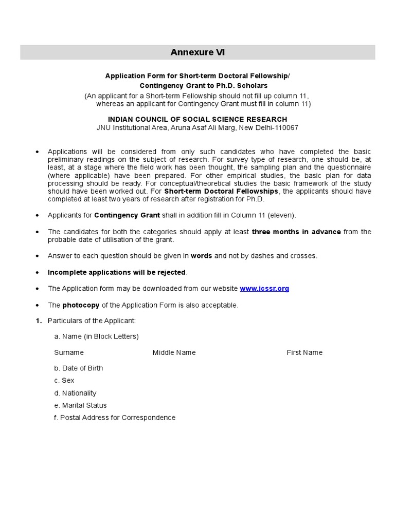 ICSSR Fellowship Annexure VI | PDF | Doctor Of Philosophy | Science
