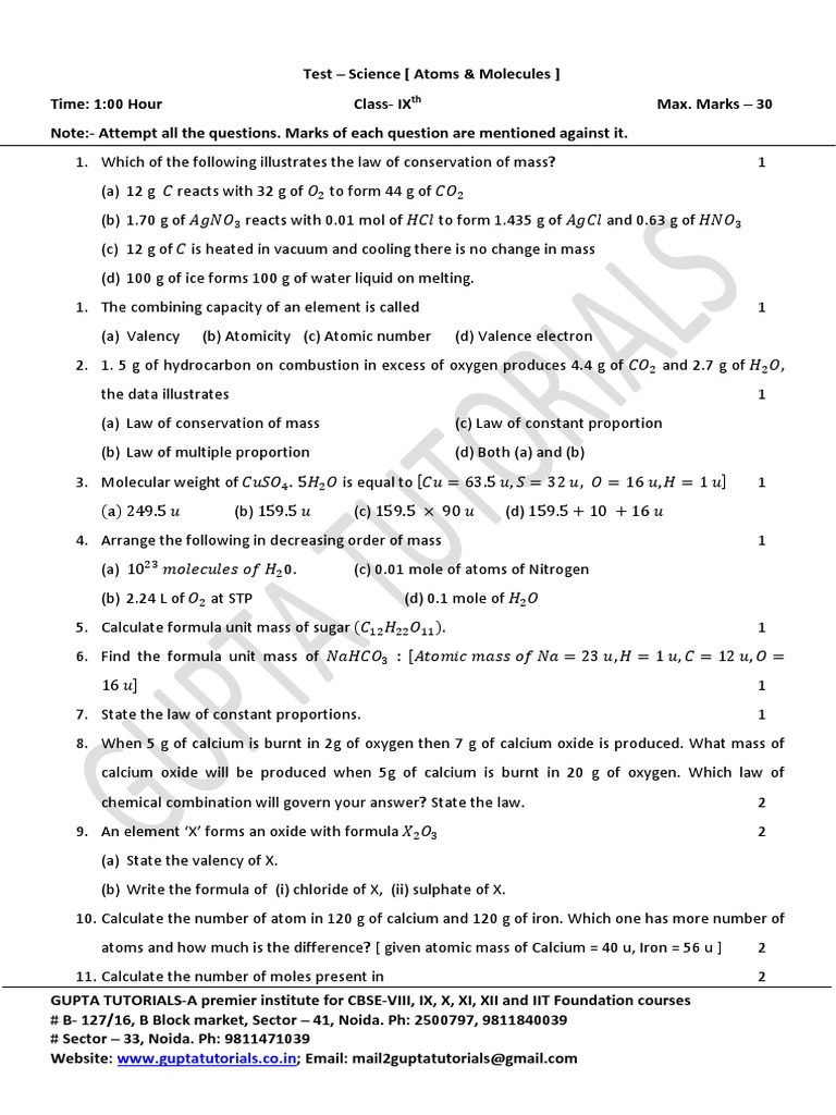 Class 9 Mole Concept Test Questions | PDF | Mole (Unit) | Carbon