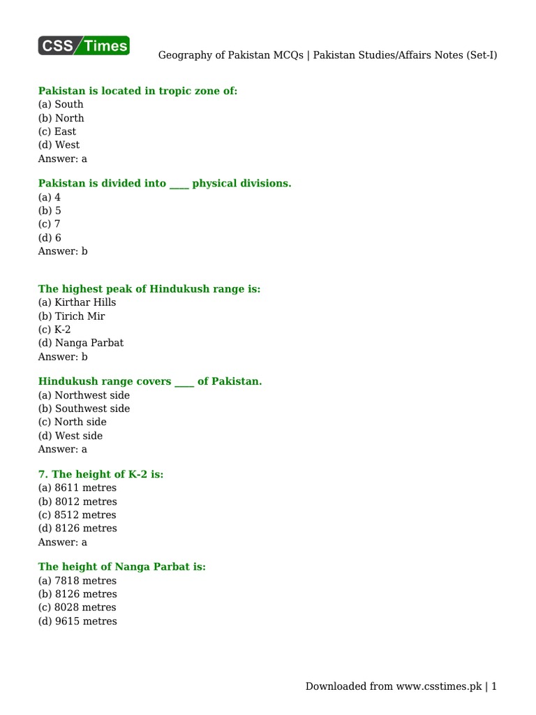Geography of Pakistan MCQs - Pakistan Studies - Affairs Notes (Set-I ...