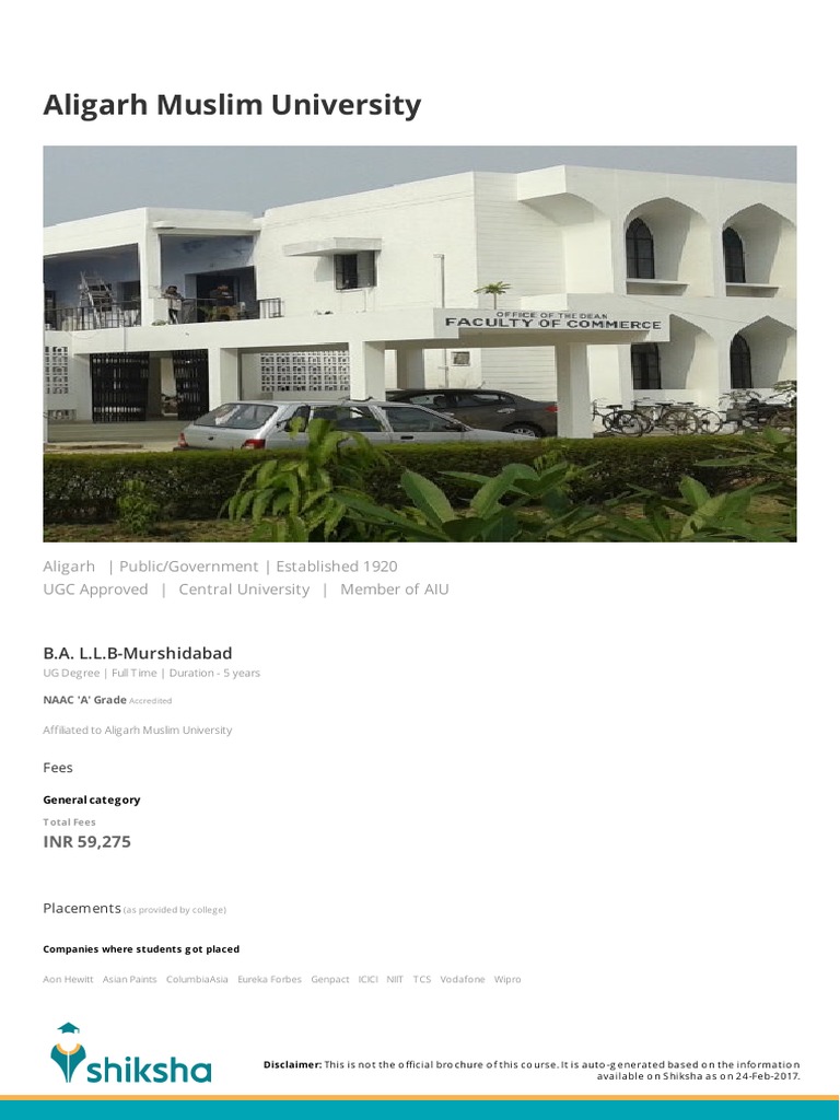 Aligarh Muslim University: B.A. L.L.B-Murshidabad | PDF