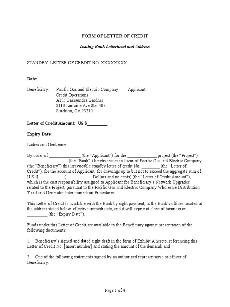Form of Letter of Credit: Issuing Bank Letterhead and Address | PDF ...